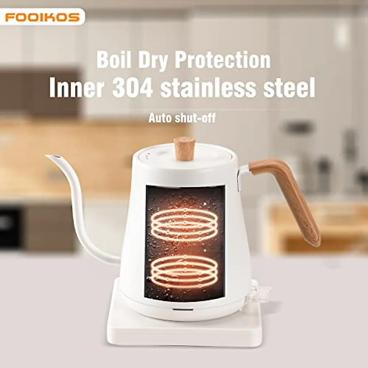 Fooikos Electric Gooseneck Kettle 0.8L for Pour Over Coffee and Tea, Food Grade 304 Stainless Steel, 1000W Quick Heating (White)