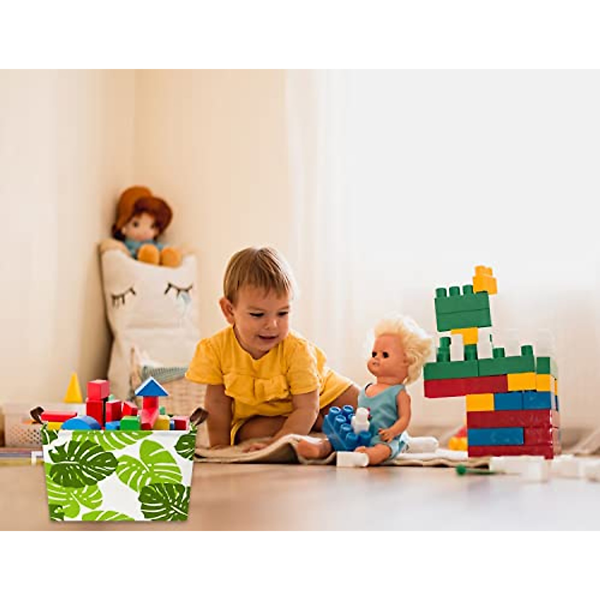 TIBAOLOVER Rectangle Storage Bin with Handles for Kids Toy/Playroom OrganizationDecor/Toy Bin/Closet/Christmas Shelf Gift Baskets/Baby Hamper (Green Leaf)