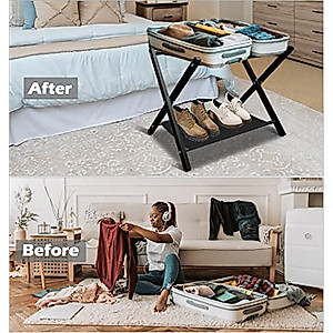 Fandature Folding Luggage Rack for Guest Room, Metal Foldable Suitcase Stand Holder with Colth Shelf for Bedroom, Black, 1pack