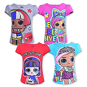 L.O.L. Surprise! Dolls Girls’ Short Sleeve Shirt 4 Pack for Little and Big Kids – Grey/Pink/Red/Blue