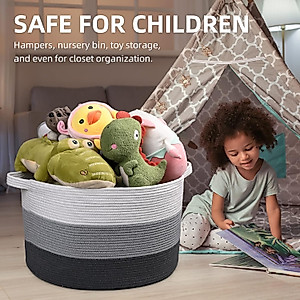 Handmade Large Cotton Rope Storage Basket, Laundry Hamper for Nursery, Woven Rope Laundry Hamper, 87L Laundry Basket for Blankets, Cotton Rope Basket with Handles, Clothes Organizer Grey & White