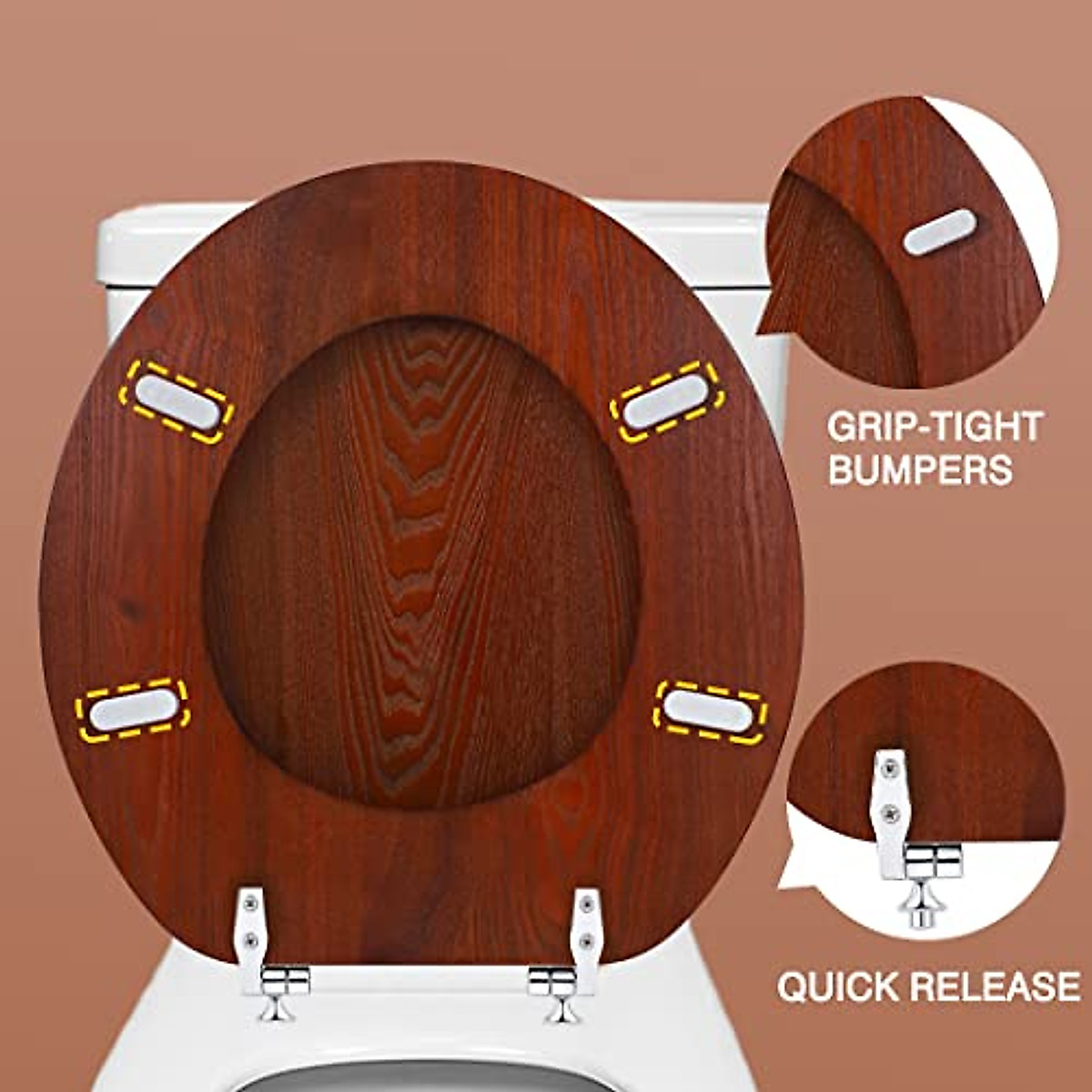 Wood Toilet Seat Round, Wooden Toilet Seats for Standard Toilets, Round Toilet Seats with Metal Hinge, Easy to Install