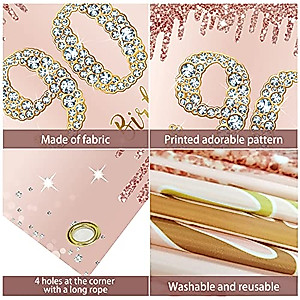 Happy 90th Birthday Banner Backdrop Decorations for Women, Rose Gold 90 Birthday Party Sign Supplies, Pink 90 Year Old Birthday Poster Background Photo Booth Props Decor