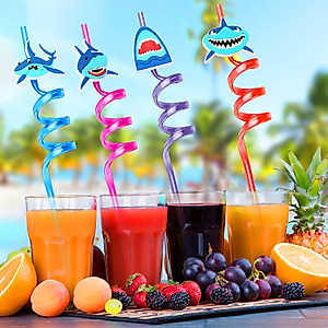 24 reusable shark straws and 2 cleaning brushes, Shark party supplies, birthday party gift decorations - set of 26