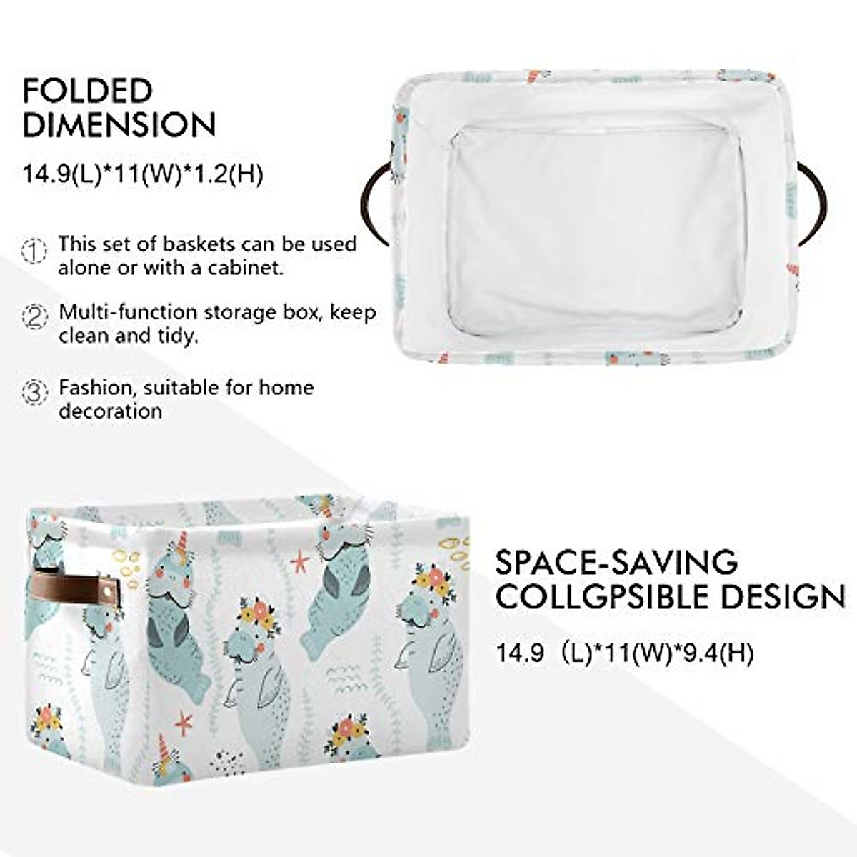 Large Foldable Storage Bin Cute Manatees with Floral Fabric Storage Baskets Collapsible Decorative Baskets Organizing Basket Bin with PU Handles for Shelves Home Closet Bedroom Living Room-2Pack