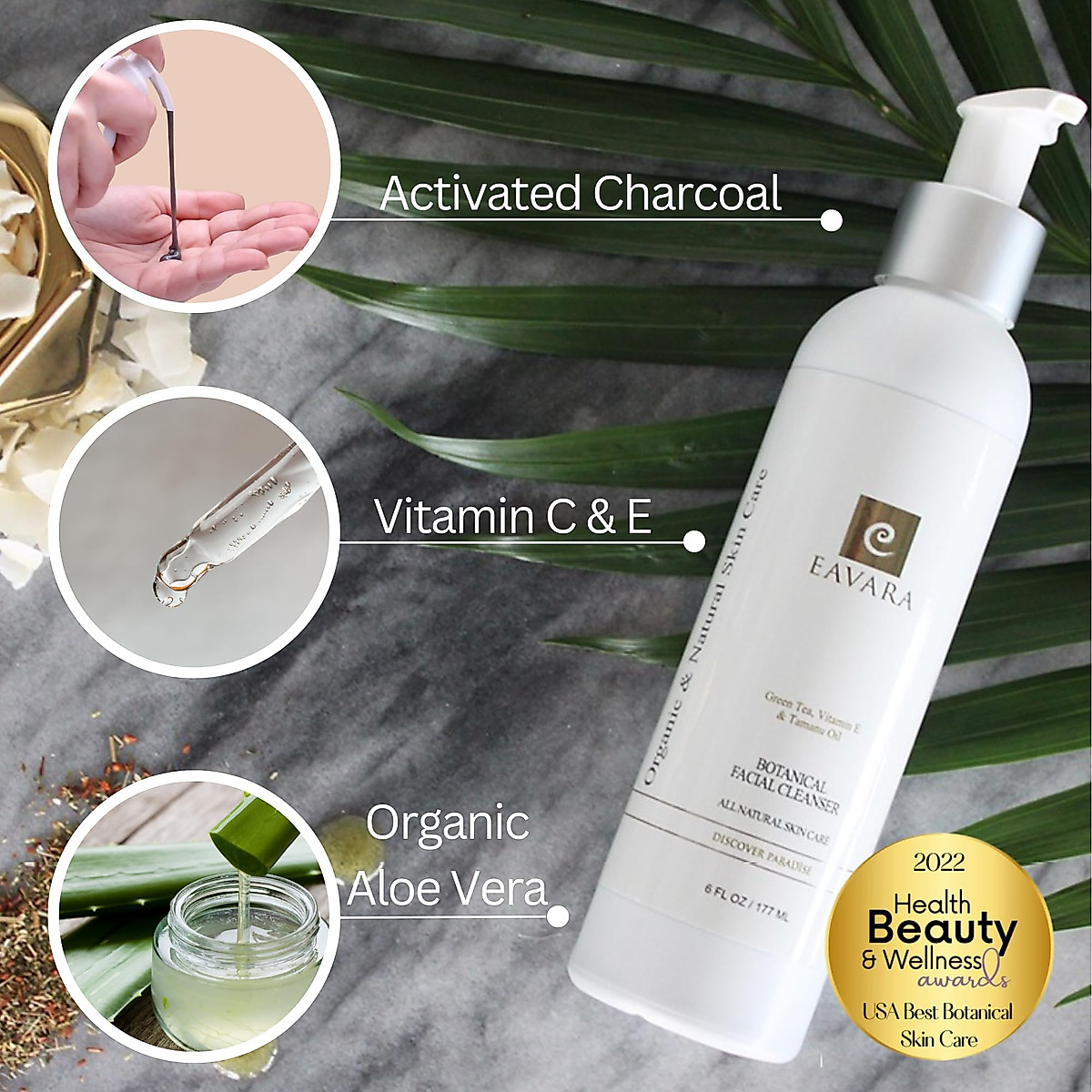 Eavara Organic Face Wash - Anti-Aging, Hydrating, Gentle Daily Cleanser for Women and Men with Coconut Oil, Aloe Vera, Activated Charcoal, and Vitamin C and E