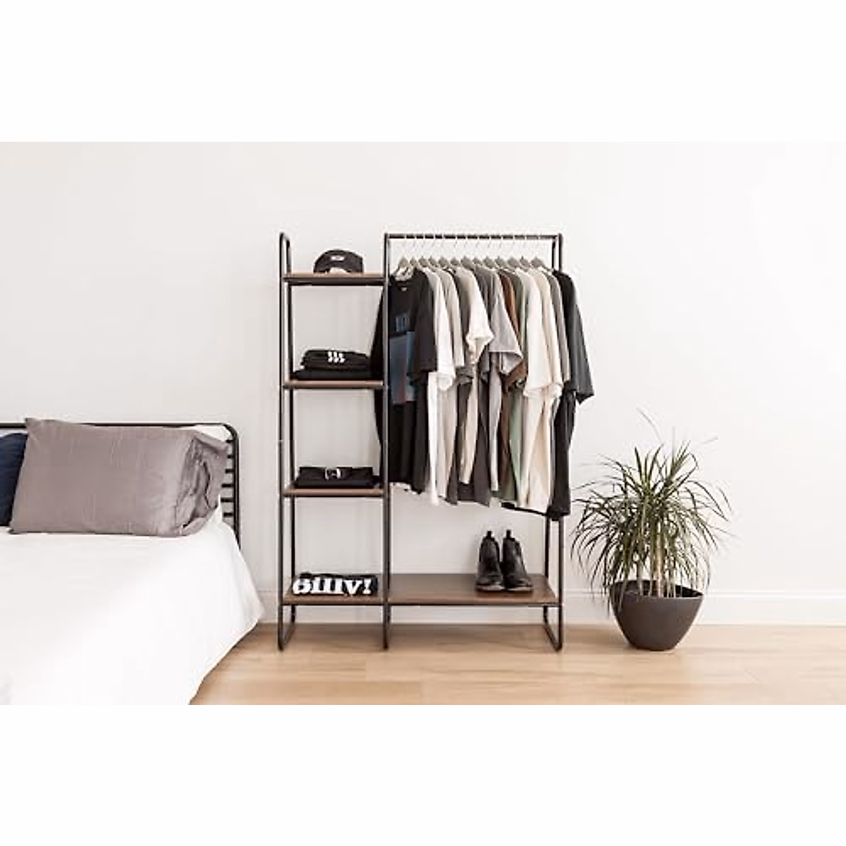 IRIS USA Clothes Rack for Hanging Clothes with 4 Wood Shelves, Freestanding Clothing Rack, Easy to Assemble Garment Rack, Metal, Sturdy Design, Multipurpose, Small Space Storage Solution, Black