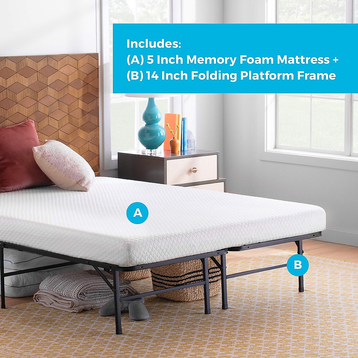 Linenspa 5 Inch Gel Memory Foam Mattress with Linenspa 14 Inch Folding Platform Bed Frame - Twin XL
