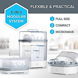 Chicco Baby Bottle Steam Sterilizer 3 in 1 modular system - eliminates 99.9% of harmful bacteria in baby bottles, quickly and naturally with the power of steam, White/Grey