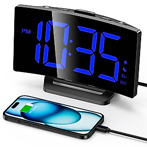 Digital Alarm Clock for Bedrooms, Digital Clock with Modern Curved Design, Conspicuous Blue LED Numbers, 6 Levels Brightness, 2 Volume, 3 Alarm Tones, Snooze, Power-Off Memory, 12/24H, Bedside Clock