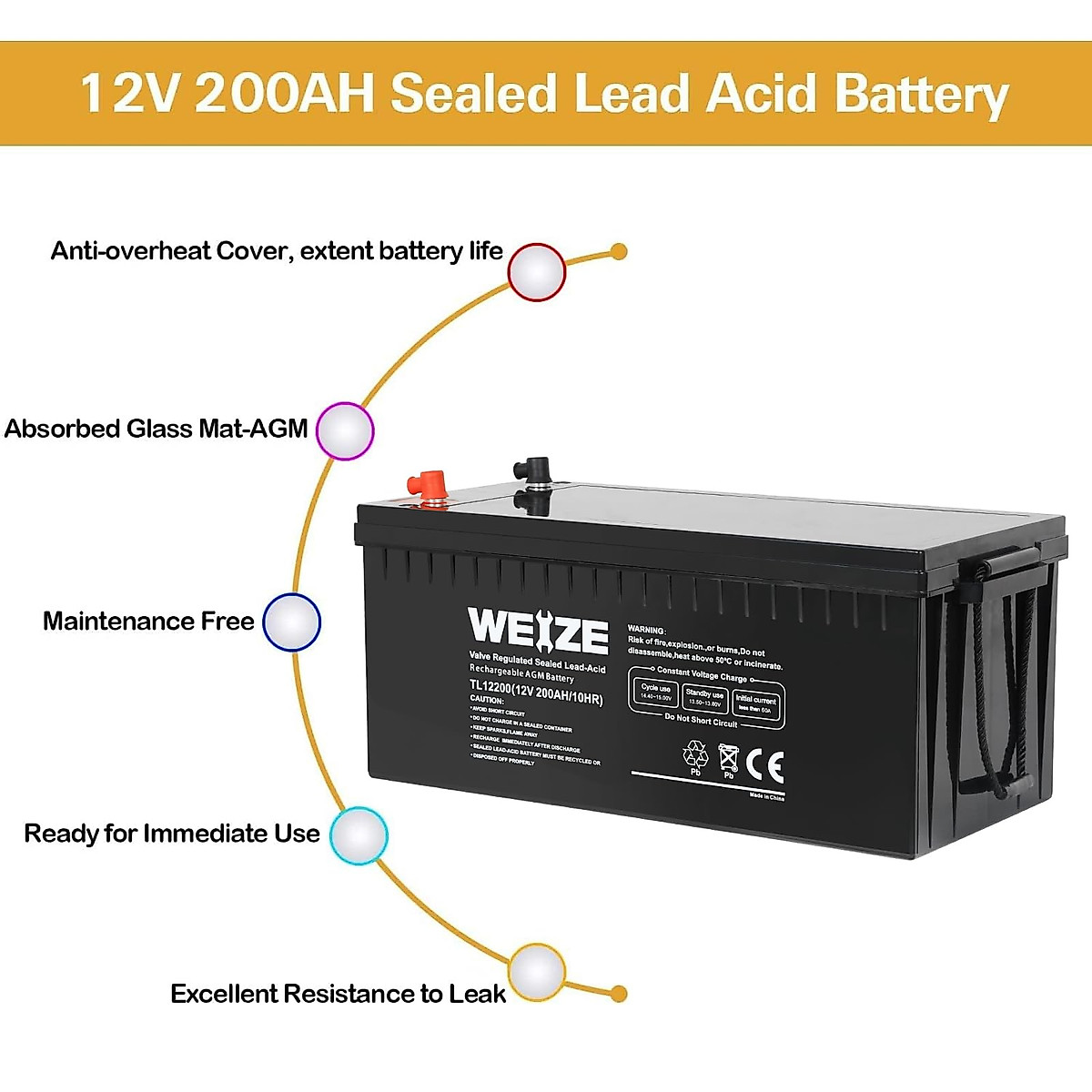WEIZE AGM Group Size 4D Battery, 12 Volt 200Ah Deep Cycle Battery Perfect for RV, Caravan, Camping, Camper Trailers, Camper Vans, Motor-Homes, Marine, 4WDs & Off Grid Solar