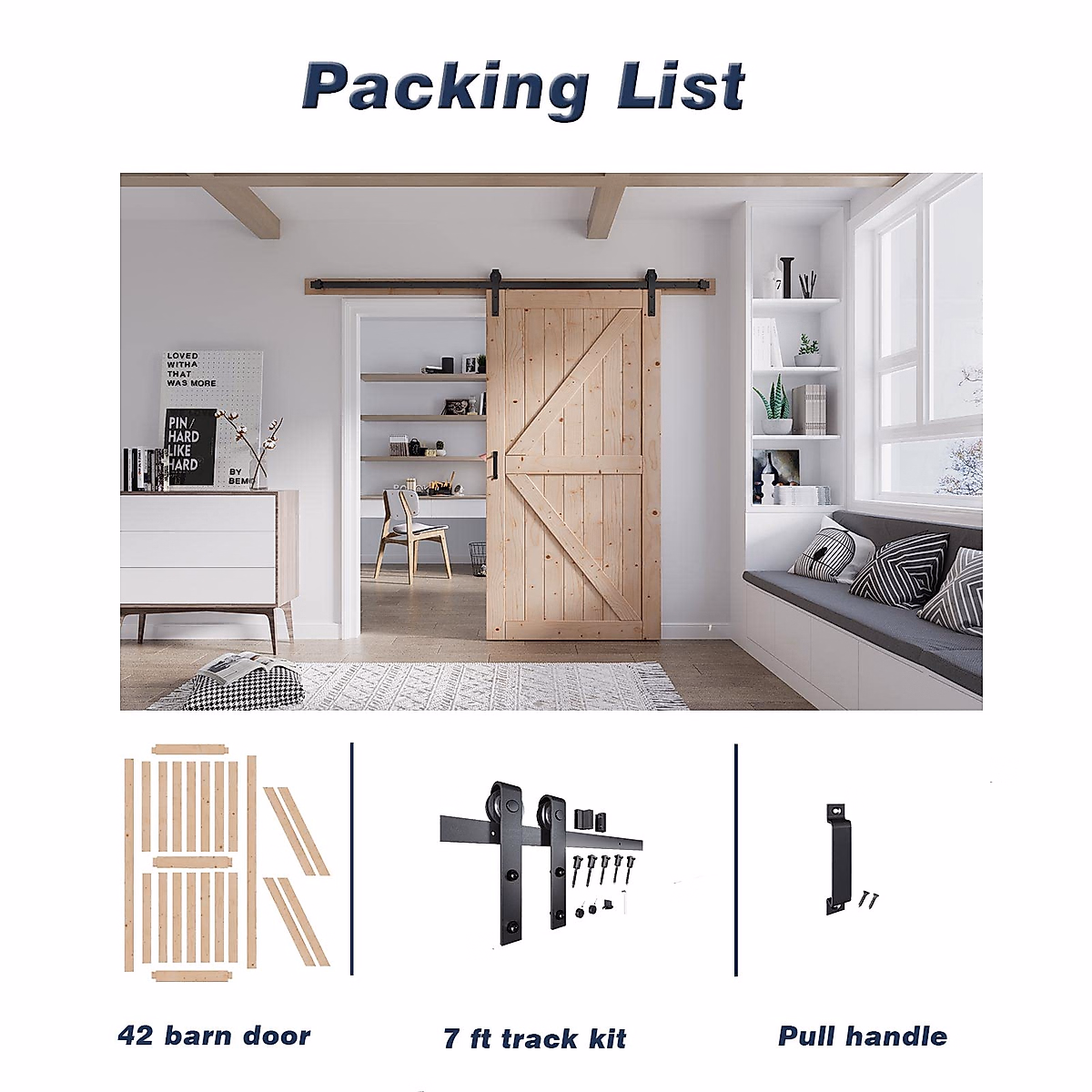 FREDBECK 42in x 84in Wood Barn Door with 7FT Barn Door Hardware Kit Included K Shape Solid Spruce Wood Panel Need to Assembly