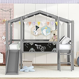 CITYLIGHT Twin Size Loft Bed with Slide, Low Loft Bed Frame with Blackboard and Light Strip on The Roof, Wood Kids Slide Bed for Girls, Boys, Grey