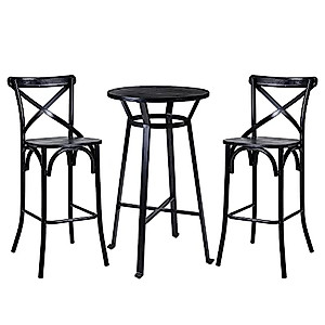 glitzhome 3 Pieces Black Steel Round Bar Table and Bar Stools with High Backest Set Dining Table and Chairs Set