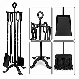 AMAGABELI GARDEN & HOME 5 Pieces Fireplace Tools Set Indoor Wrought Iron Fire Place Pit Large Poker Wood Stove Log Firewood Tongs Holder with Handles Modern Black Outdoor Accessories Kit