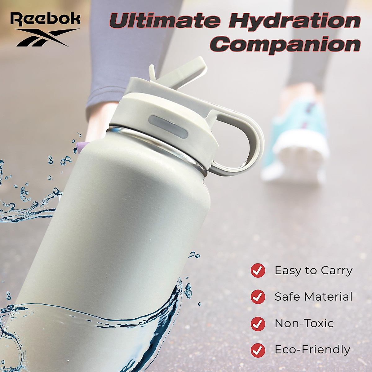 Reebok Stainless Steel Water Bottle With Straw & Athletic Design - Insulated Water Bottles 32 oz - Double Wall Vacuum Insulated Sports Water Bottle With Straw, BPA Free (White)