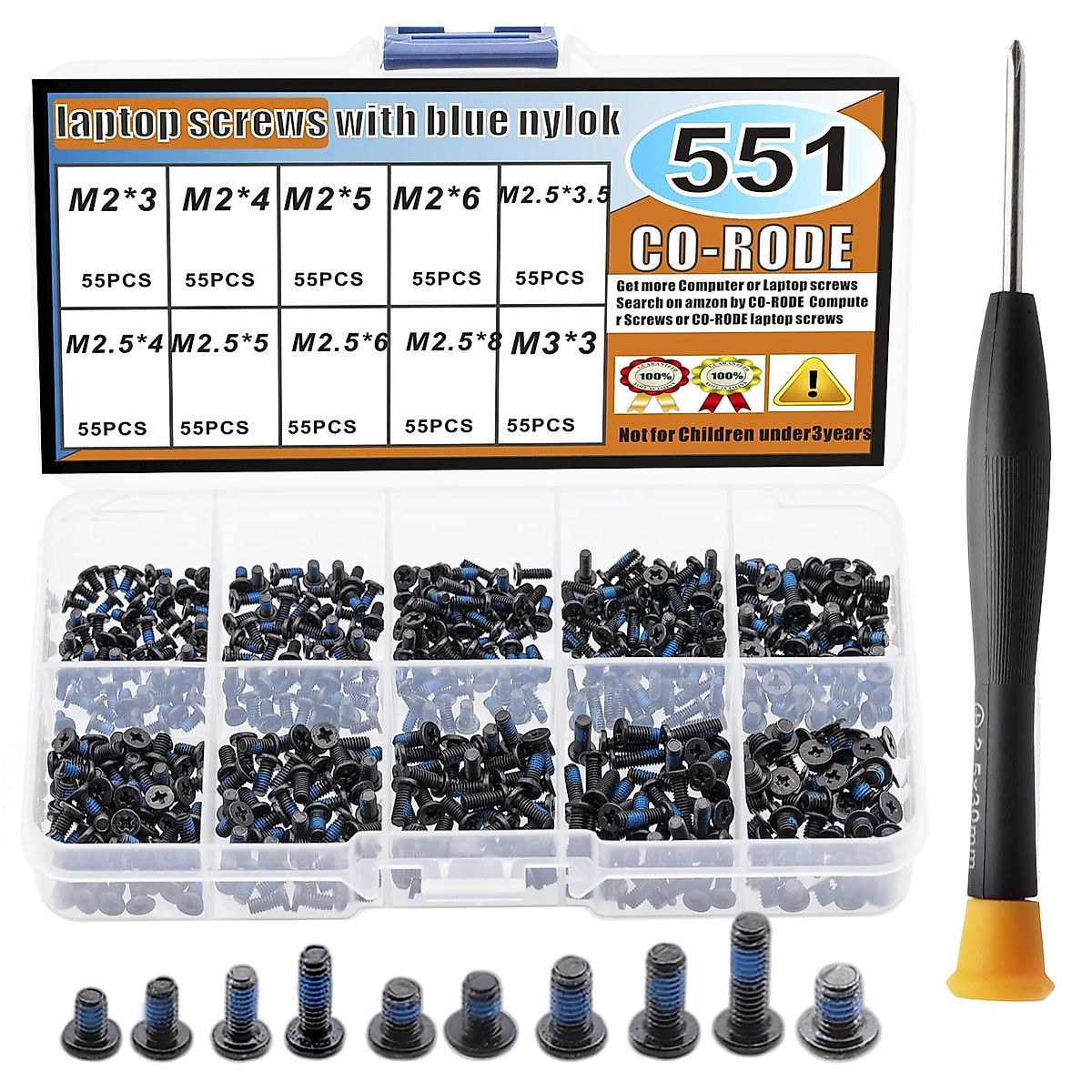 CO-RODE 551pcs Laptop Screws Kit, Notebook Computer Screw Set w/Blue Glue,Screw Driver, for SSD Motherboard Fan Power Graphics Hard Drive