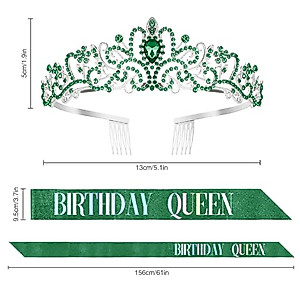 Green Tiara Sash Gifts with Rhinestone Crystal Headband - Princess Queen Crown Decorations and Accessories for Women