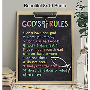Ten Commandments Wall Decor for Kids, Boys, Girls Bedroom, Toddler Room or Nursery - Religious Bible Verse Wall Art, Christian Scripture Home Decoration - Cute Gift - 8x10 UNFRAMED Picture Print
