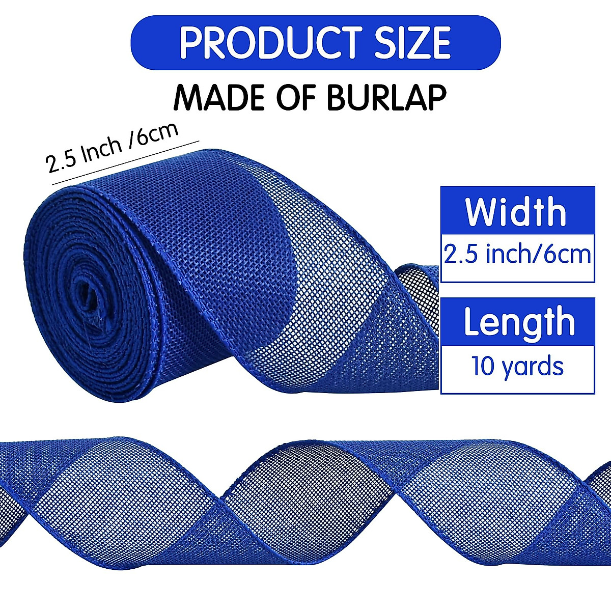 TONIFUL Burlap Wired Ribbon, 2.5 Inch Faux Burlap Ribbons, Royal Blue Burlap Ribbon for Christmas, Home Decor, Gift Wrapping, Tree Topper Bow, Wreath, Outdoor Decorations, DIY Crafts (10 Yards