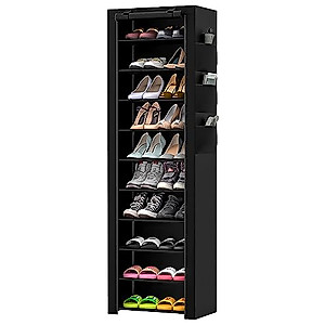 NiHome 10-Tier Tall Shoe Rack with Dustproof Waterproof Cover, Compact Narrow Shoe Rack Free Standing Shoe Storage Organizer for Closet Entryway, Metal Structure Vertical Shoe Shelf Tower, Black
