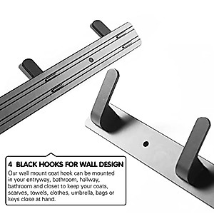 4 Hooks Matte Black Bathroom Towel Hooks Mounted Wall Adhesive Heavy Duty Farmhouse Bath Coat Stick on Rack Hat Wall Hook Sticky Black Kitchen Robe Rack Coat Hook Black 4 Hooks Rack Towel for Bathroom