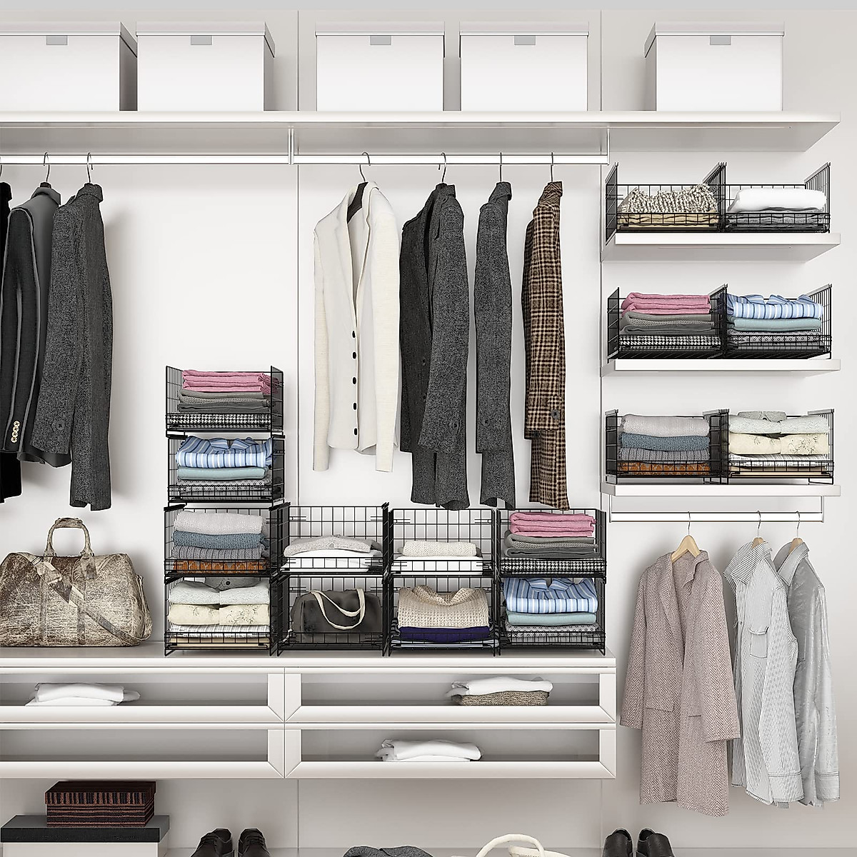 Hongtamoya 4-tier Sliding Closet Organizers and Drawer Storage Shelves, Stackable Storage Bins for Jean Pants Sweaters, Metal Drawer Slid Clothes Storage Container, Closet Organizers for Clothes-Black