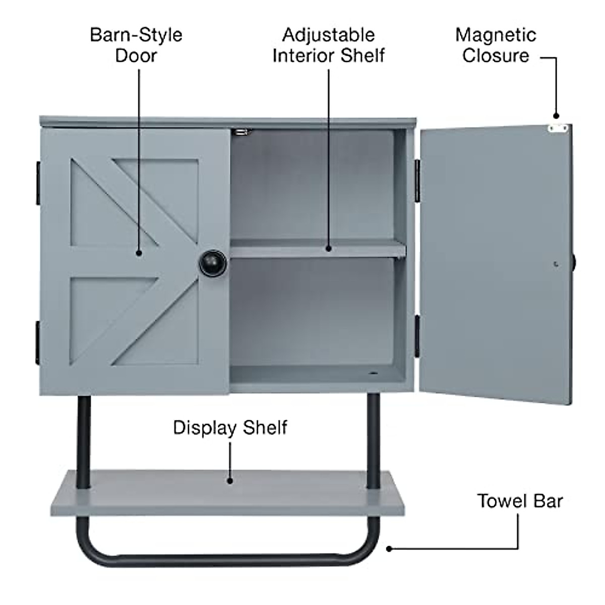 EXCELLO GLOBAL PRODUCTS 17x21” Barndoor Bathroom Wall Cabinet, Space Saver Storage Cabinet Kitchen Medicine Cabinet with Adjustable Shelf and Towel Bar, Rustic Gray