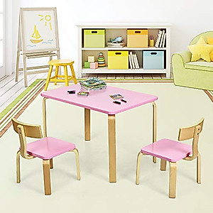 Costzon Kids Table and Chair Set, Wood Table and Chairs for Toddlers Reading, Arts, Crafts, Homework, Snack Time, 3 Piece Furniture for Playroom Home School Classroom, Childrens Table and Chair, Pink