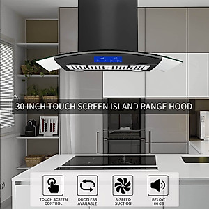 JOEAONZ 30 Inch Island Range Hood Black 700CFM Stainless Steel Convertible, Ceiling Mount Vent Hood with Tempered Glass, Kitchen Exhaust Fan, LED lights, LCD Touch Panel, Permanent Grease Filters
