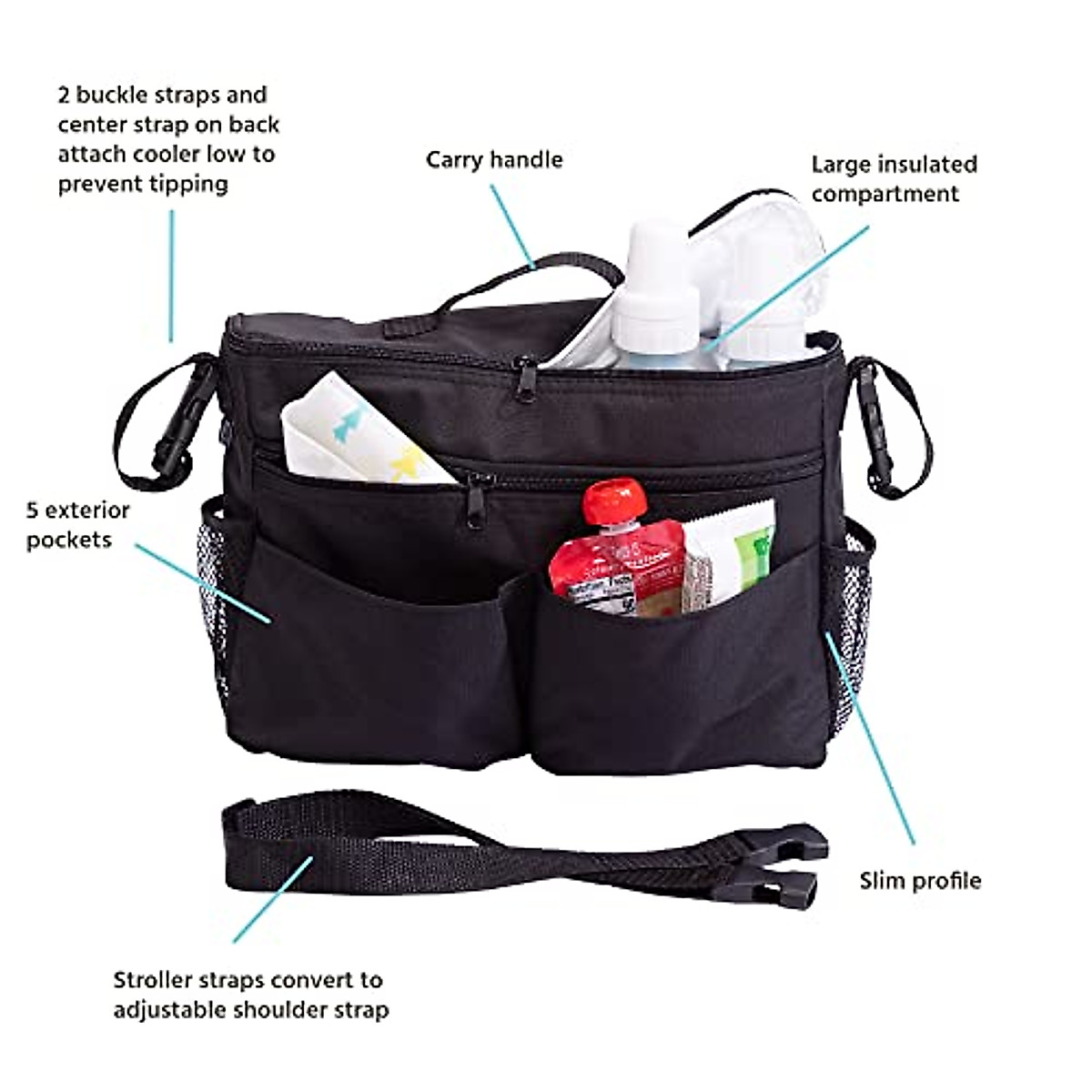 J.L. Childress Cool 'N Cargo Stroller and Wagon Cooler and Organizer - Universal Fit - Insulated - Attaches to Strollers, Wagons, Walkers and Wheelchairs - Large Capacity - Black