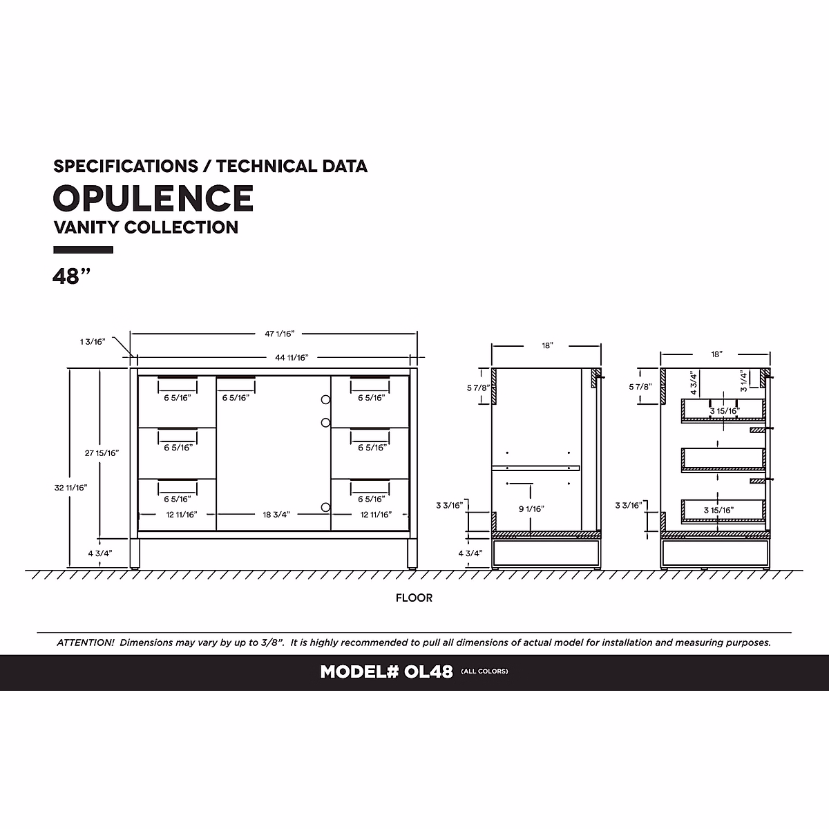 Fine Fixtures Opulence Collection 48 in. W x 20 in. D x 33 in. H Bathroom Vanity in Navy Blue with Black Marble Sintered Stone Sink - Satin Brass Hardware