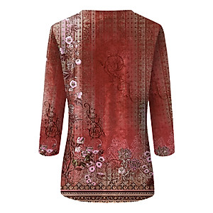 Womens Tunic Tops to Wear with Leggings Women'S 3/4 Sleeve Shirt Tops Summer Autumn Shirts Blouse Slim Fit Vintage Print Graphic T-Shirts Casual Oversized Fashion Sexy Tops Pullovers Outwear Wine XL
