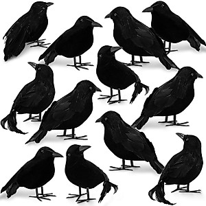 Meooeck Black Fake Crows Halloween Feathered Crows Decor Realistic Raven Birds Decorations Spooky Black Feathered Crows Halloween Prop Decor for Outdoor Home Garden Holiday Party