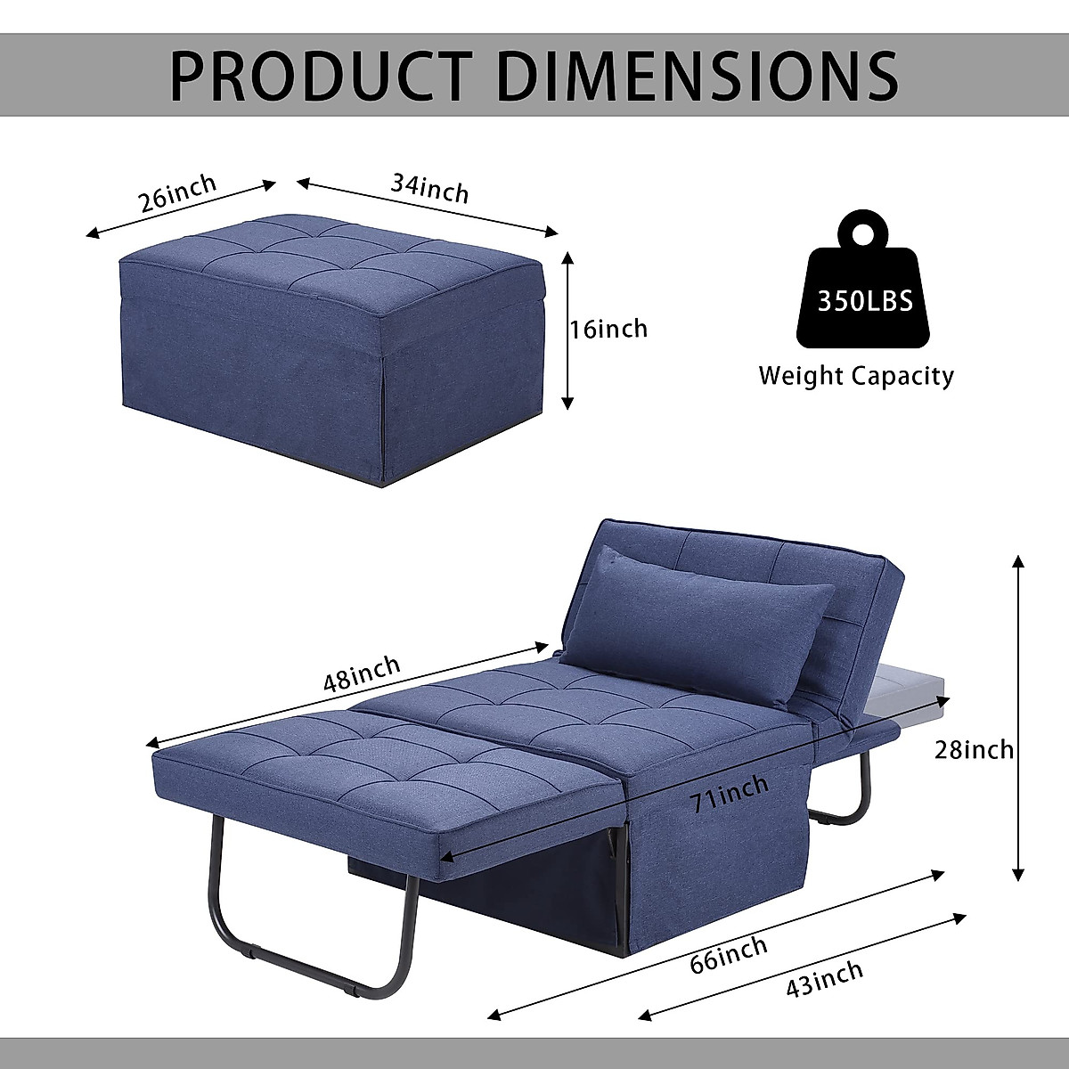 Sofa Bed, 4 in 1 Multi-Function Folding Ottoman Breathable Linen Couch Bed with Adjustable Backrest Modern Convertible Chair for Living Room Apartment Office,Blue