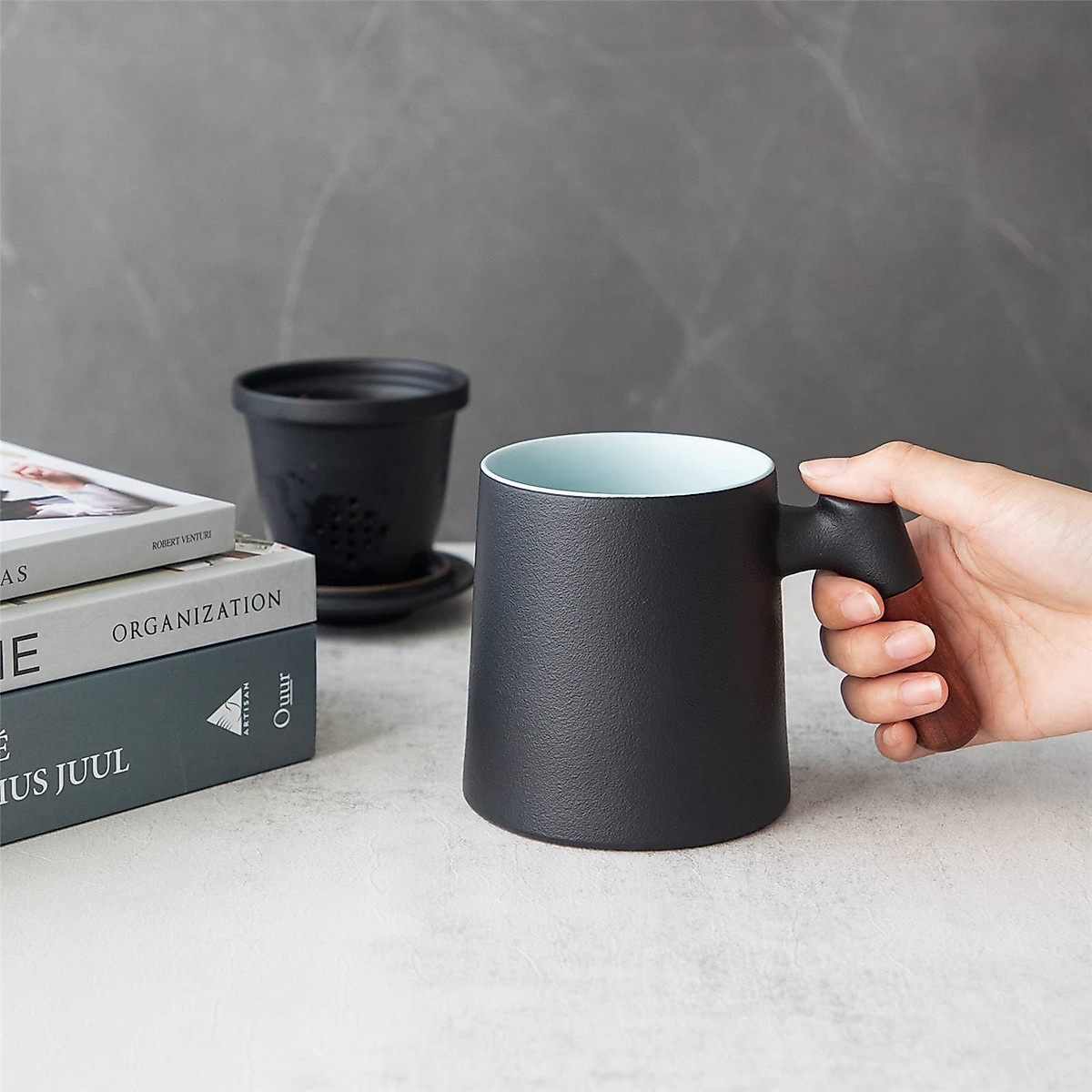 HEER Ceramic Tea Mug with Infuser and Lid, Black Wooden Handle Tea Cup with Filter for Steeping Loose Leaf, 13.5oz/400ml.