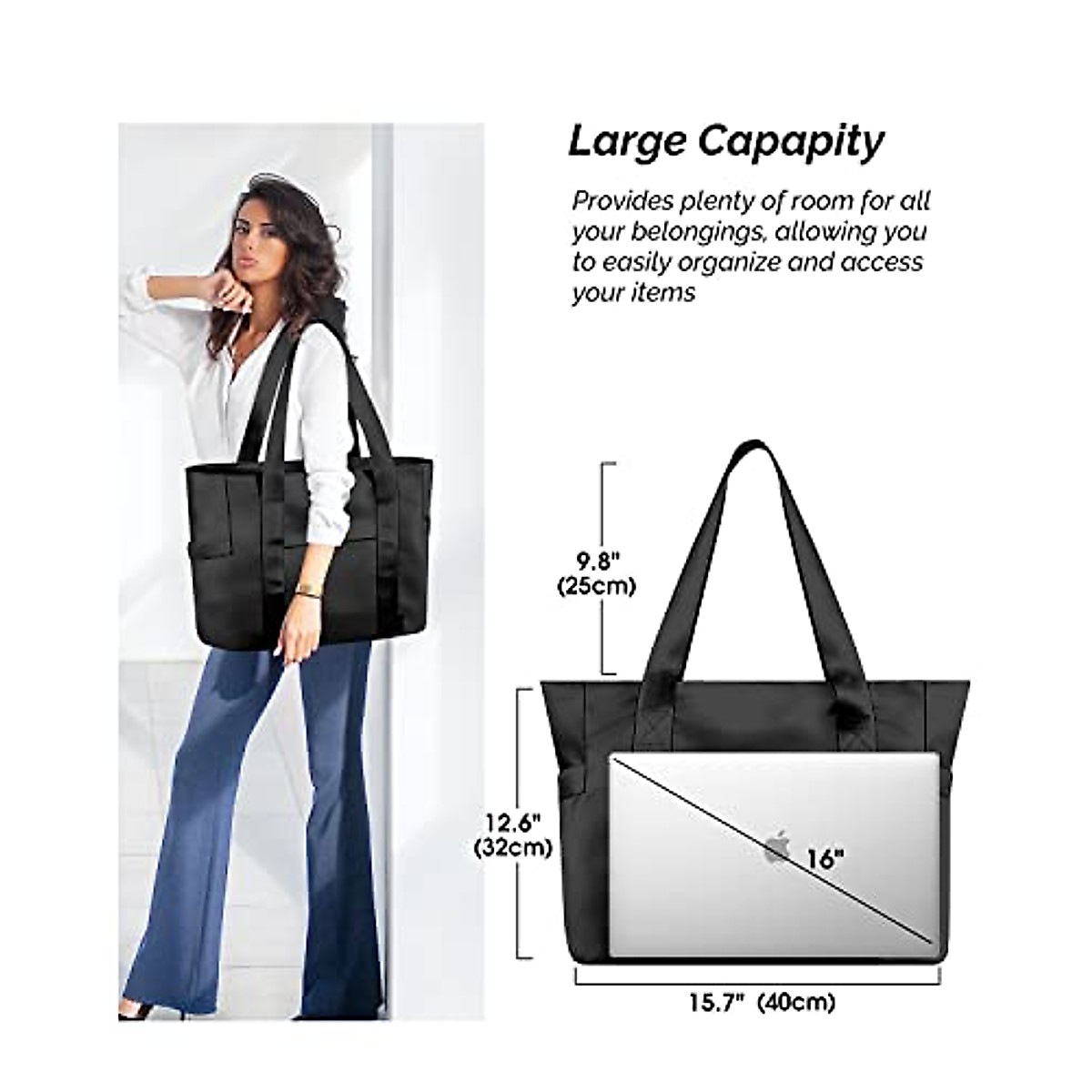Prite Tote Bag for Women Weekender Bag with Laptop Compartment for Work Nurse School Travel Gym (Black)