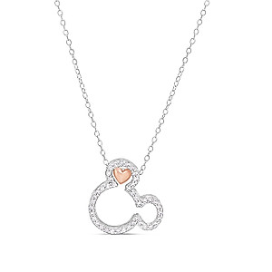 Disney Womens Mickey Mouse Necklace Sterling Silver 18" - Cubic Zirconia Mickey Mouse and Pink Heart Pendant Necklace Jewelry for Women