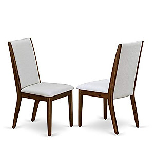 East West Furniture HBLA3-AWA-05 3 Piece Dining Room Furniture Set Contains a Round Dining Table with Pedestal and 2 Grey Linen Fabric Upholstered Chairs, 42x42 Inch, Walnut