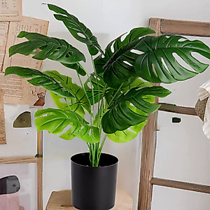 Hacaroa Artificial Monstera Deliciosa Plant with 12 Leaves, 23.5" Tall Faux Tropical Palm Tree Leaves in Black Pot, Plastic Swiss Cheese Plant Decorative Planter for Home Table, Office Desktop, Garden