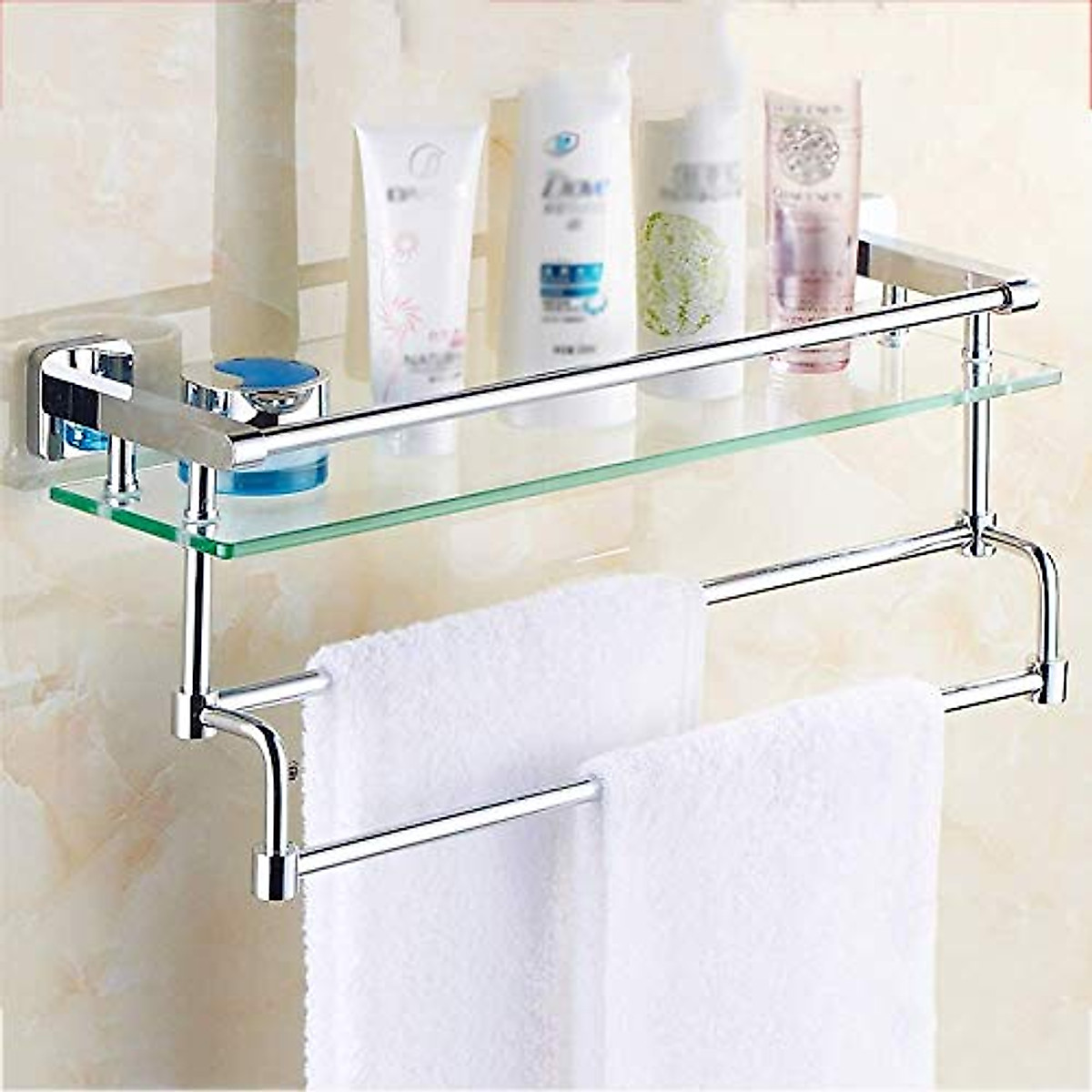 PIBM Stylish Simplicity Shelf Wall Mounted Floating Rack Wooden Bathroom Shelves Rack Rectangle Tempered Glass Cosmetic Rack Tower Hanger Guardrail Save Space - 3 Sizes, a , 51.2x13x4.2cm
