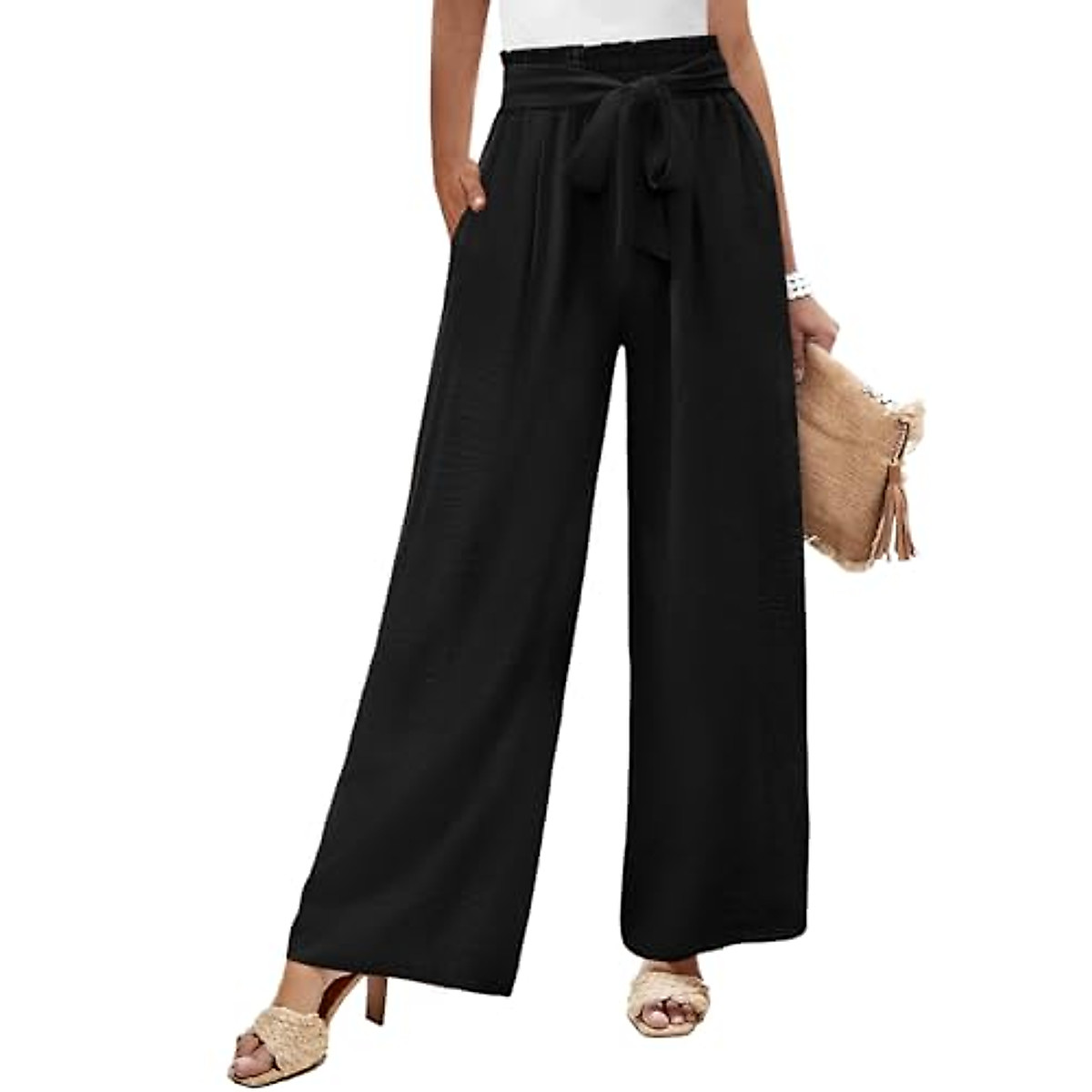 Sucolan Black Wide Leg Pants for Women Lightweight High Waisted Palazzo Work Pants Dressy Casual Adjustable Tie Knot Loose Trousers with Pockets XL