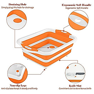 Rottogoon Collapsible Cutting Board, Foldable Chopping Board with Colander, Multifunctional Kitchen Vegetable Washing Basket Silicone Dish Tub for BBQ Prep/Picnic/Camping(Orange)