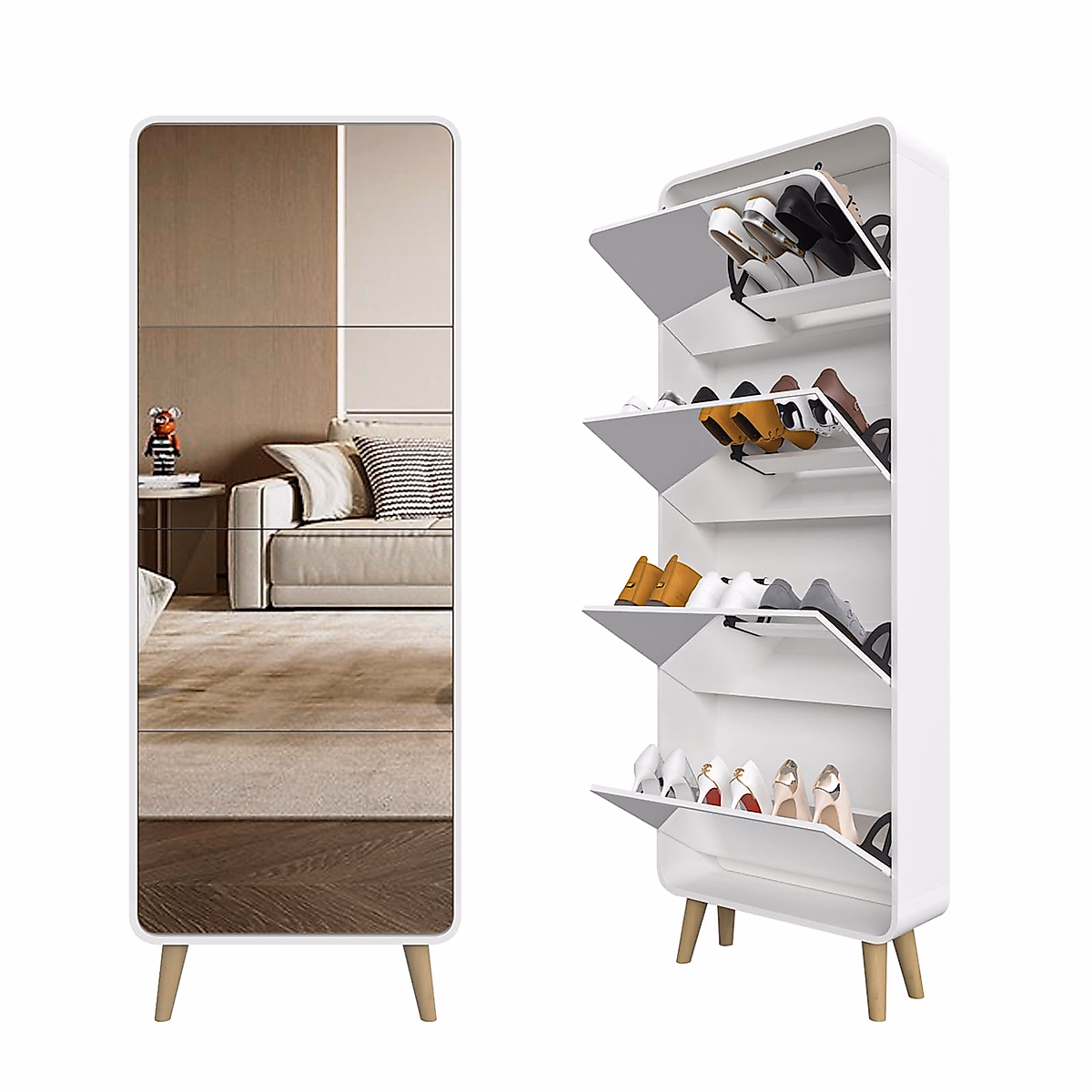 Organizedlife Mirror Shoe Cabinet with 4 Flip Drawers, Wooden Shoe Organizer with Solid Wood Legs, Full Length Mirror Shoe Rack, Narrow Shoe Storage Cabinet for Entryway