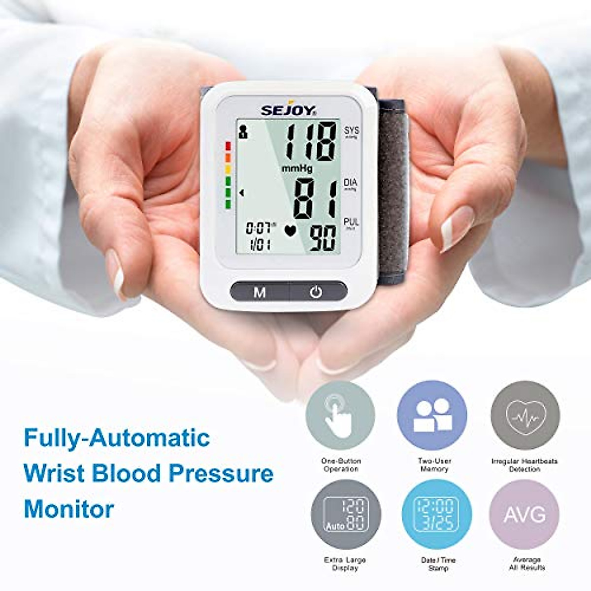 Blood Pressure Monitor XL Wrist Cuff 5.3-8.5 inch, Automatic Accurate BP Monitor Large Screen Display, 120 Reading Memory, Irregular Heartbeat Detector Home Use Digital Blood-Pressure Machine