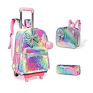 Oruiji Sequin Rolling Backpack for Girls Backpack with Wheels Bowknot Backpack and Lunch Bag Set for Girls Trolley Wheeled Luggage for Elementary Students
