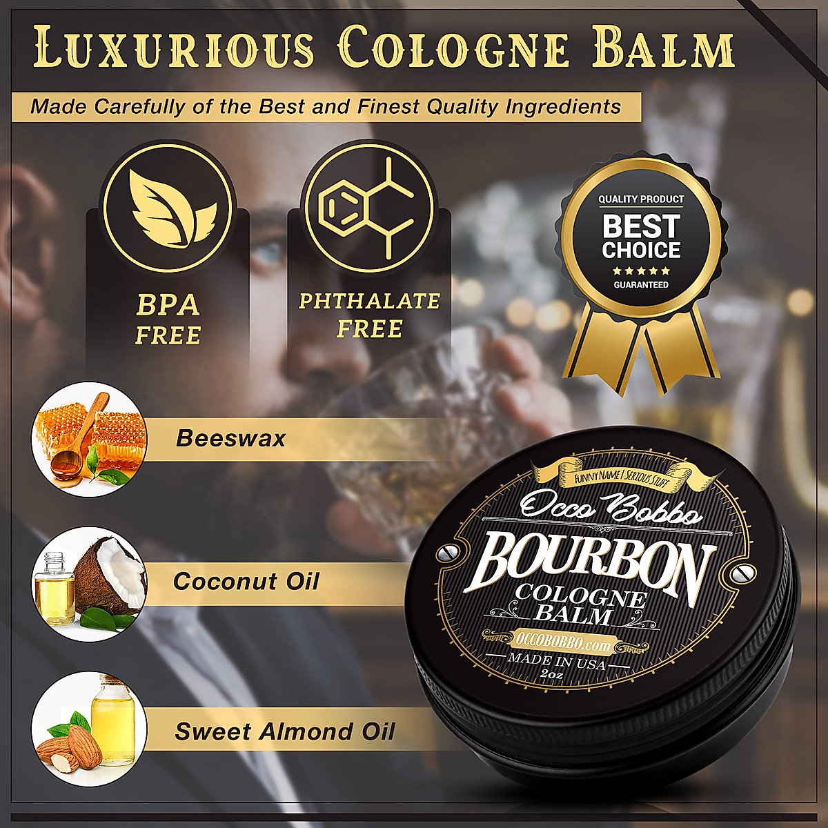 Occo Bobbo - Solid Cologne Bourbon and Sandalwood Scent. Solid Bourbon Cologne For Men - Men's Solid Cologne - 2 Ounce - Concentrated Balm. – A Smooth Blend Of Woody Oak Barrel