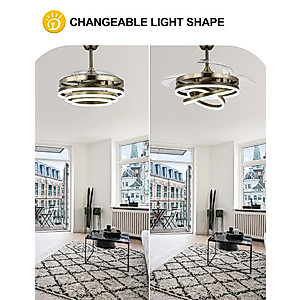 Dawn Whisper 42 Inch Retractable Ceiling Fan, Modern Ceiling Fans with Lights and Remote, Silent DC Motor, 6 Speed,Color Changing, Bronze Retractable Ceiling Fan with Lights for Kitchen