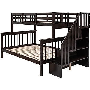 CITYLIGHT Bunk Beds Twin Over Full Size with Stairs, Wooden Bunk Beds with Storage Open Shelves, Stairway Bunk Bed Convertible to 2 Separated Beds,Kids Bunk Beds for Bedroom, Dorm,Espresso