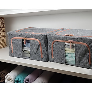 Linen Clothes Storage Bins, 4PCS Sturdy Closet Organizers and Storage Bin with Metal Frame, 2 Opening Ways Fabric Visible Lidded Storage Box for Organizing Clothing,Jeans,Sheets (4PC Gray, 22Liters)
